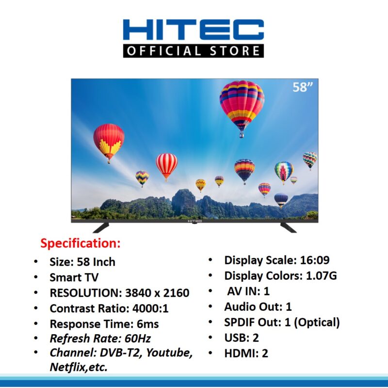 HITEC 4K Smart LED TV YouTube/Netflix/DVB-T2/MyTV (58") HT-58S68A - V ...
